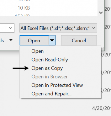 How to Open file as copy in Excel