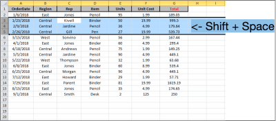 How to use keyboard multiple select entire row in Excel