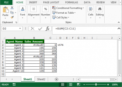 Summing a range containing errors and values in Microsoft Excel