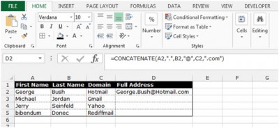 Creating Email Address using Concatenate Function in MS Excel