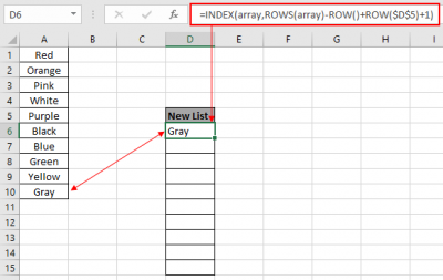 Reversing The row Order Of Values In A List in Excel