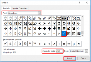 How do I Insert a Checkmark in Excel 2010-2016