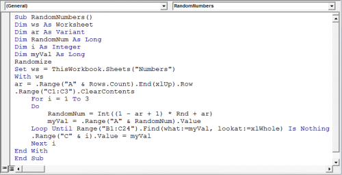 Generate 3 Unique Random numbers in Microsoft Excel