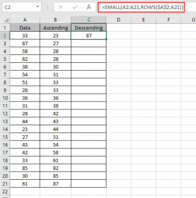 Sort numbers using Excel SMALL function