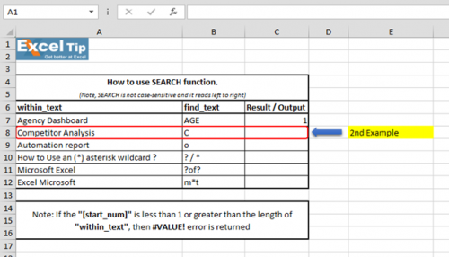 How to use SEARCH function in Microsoft Excel