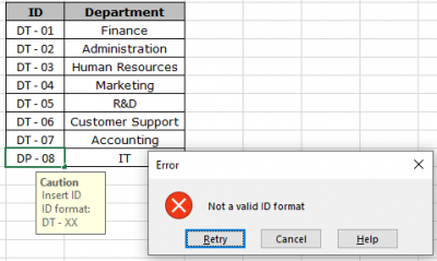 Validate text which contain specific substring using data validation excel