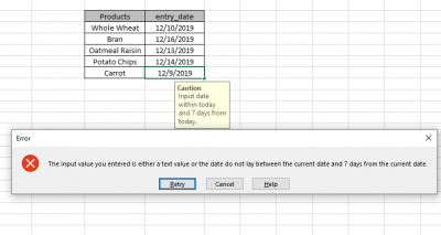 Validate dates within next 7 days in data validation excel