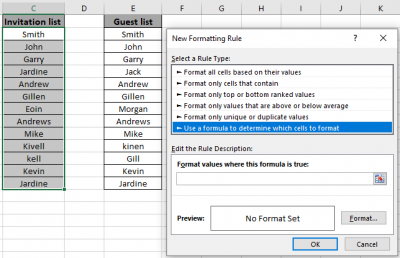 Compare two arrays to show difference in excel