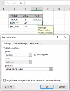 Data validation with specific Hour, Minute or Second in excel