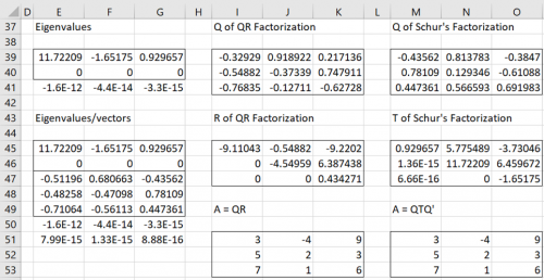 Matrix properties and matrix calculations in Excel